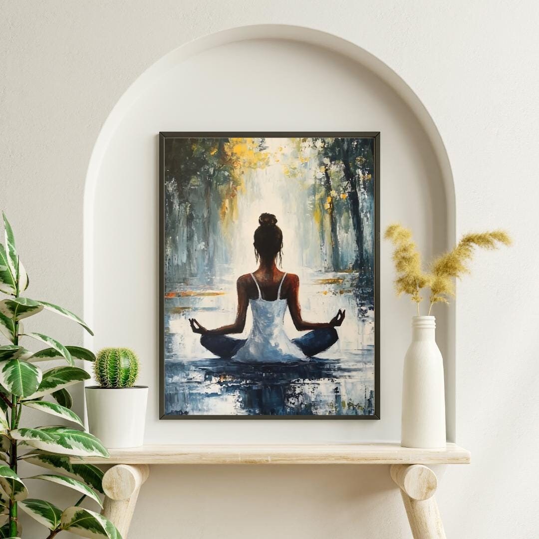 Meditation Art Print: Meditating Woman in Forest, Mindfulness Decor ...