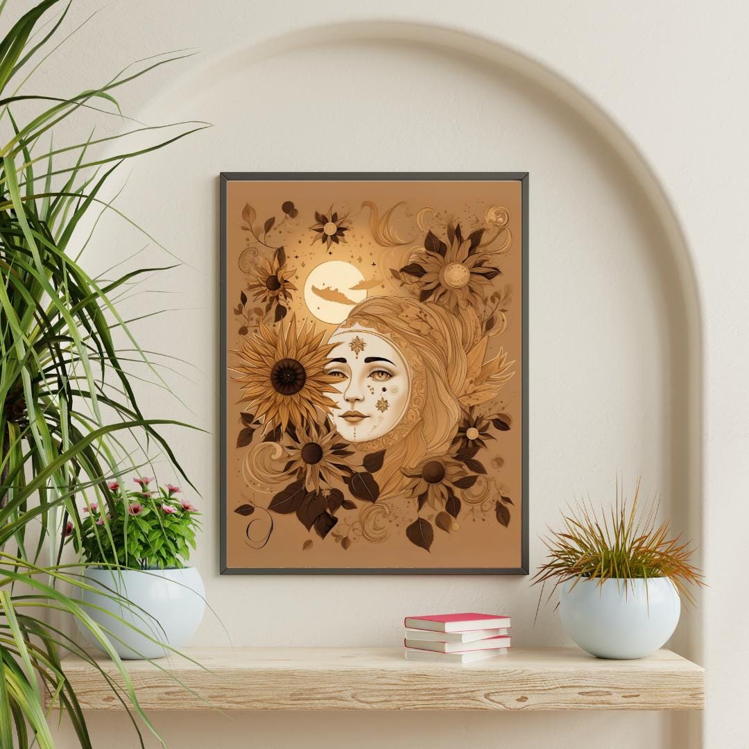 Sun and Moon Face Poster: Bohemian Sunflower Goddess Art (digital ...