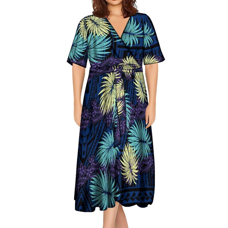 Custom Retro Style Polynesian Dress Tonga Tribal Print Belt Waist Lace ...