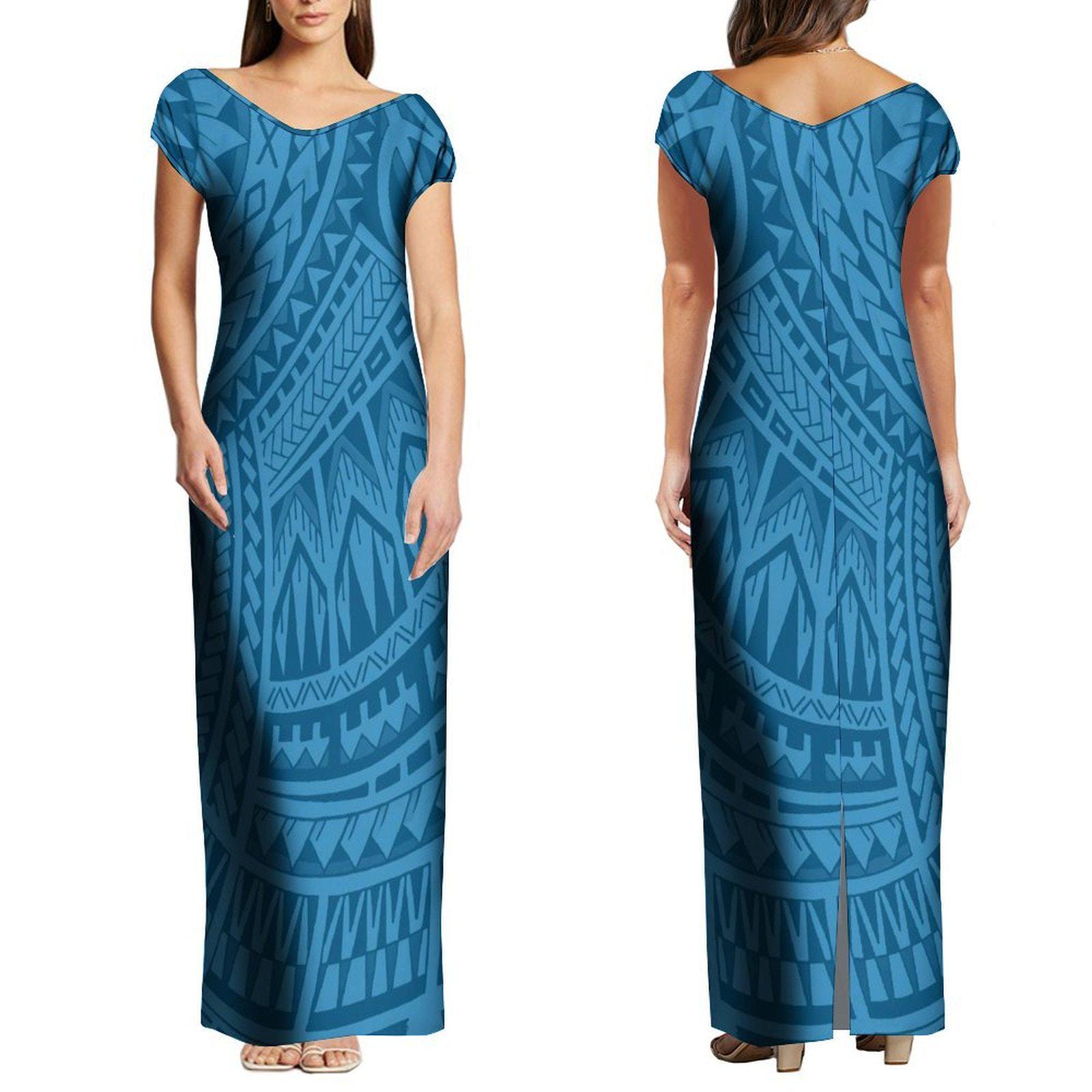 Polynesian Patterned Art Print New Design Women V-neck Elegant Long ...