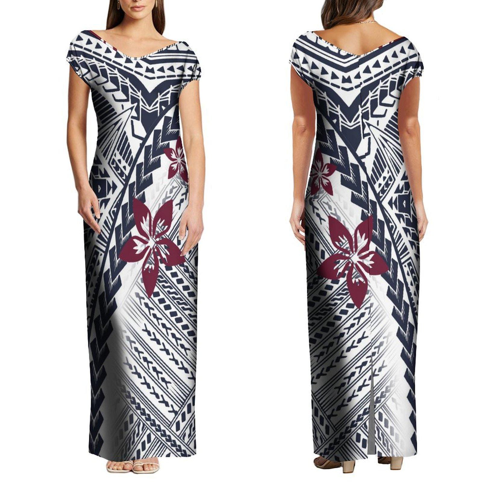 Polynesian Patterned Art Print New Design Women V-neck Elegant Long ...