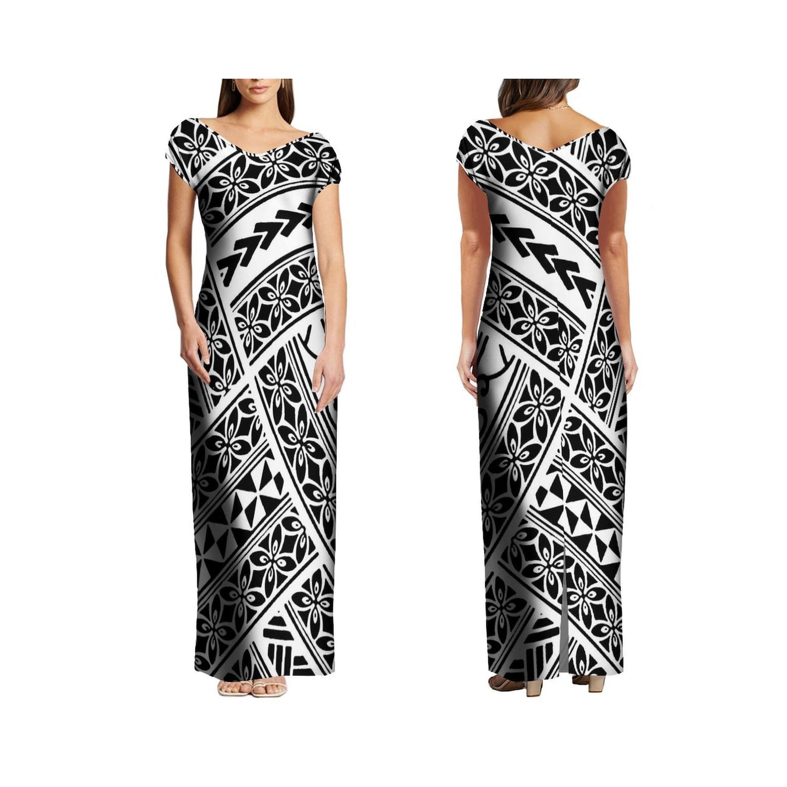 Hawaii Short Sleeve Long Dress Elegant Split Party Dress Polynesian ...