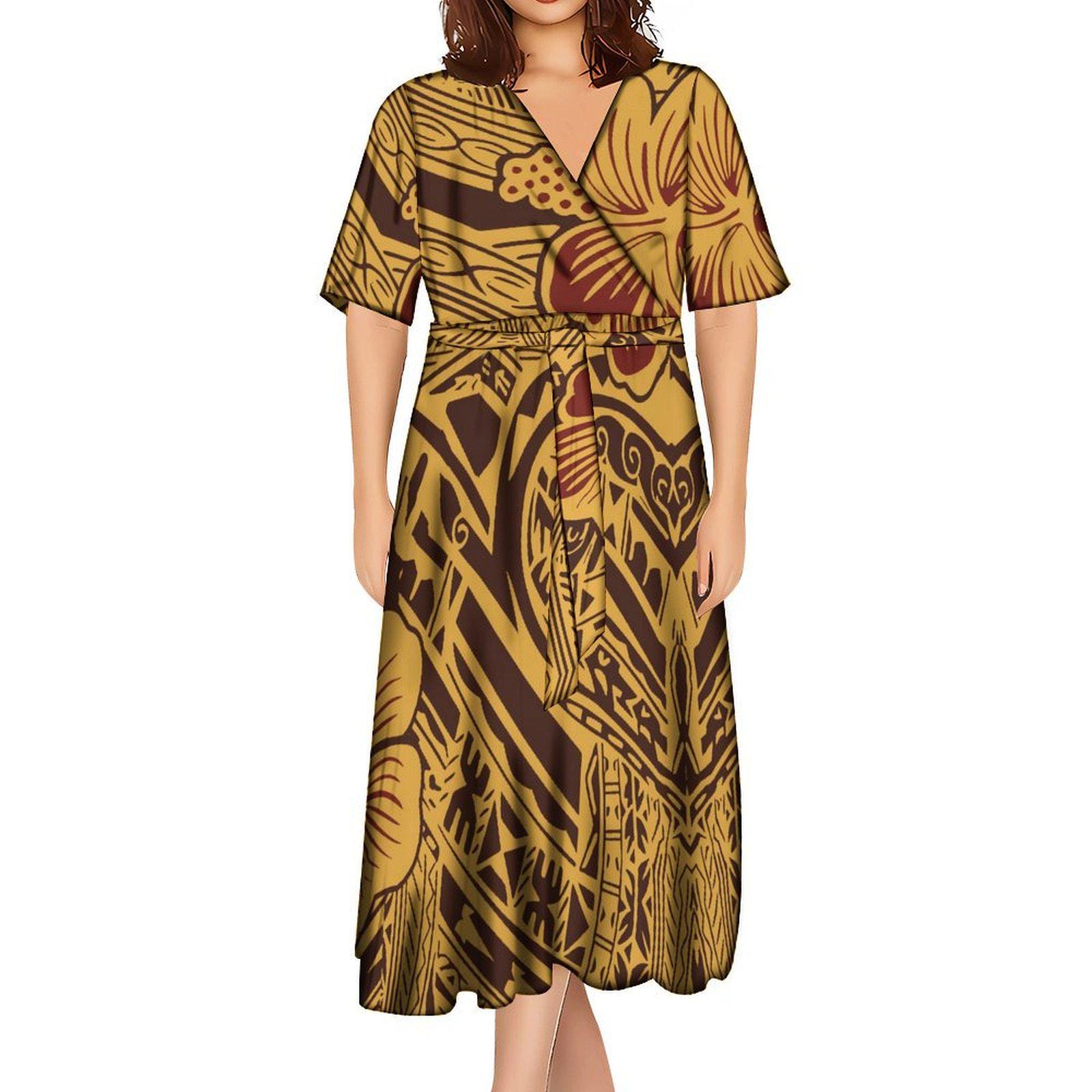 Custom Retro Style Polynesian Dress Tonga Tribal Print Belt Waist Lace ...