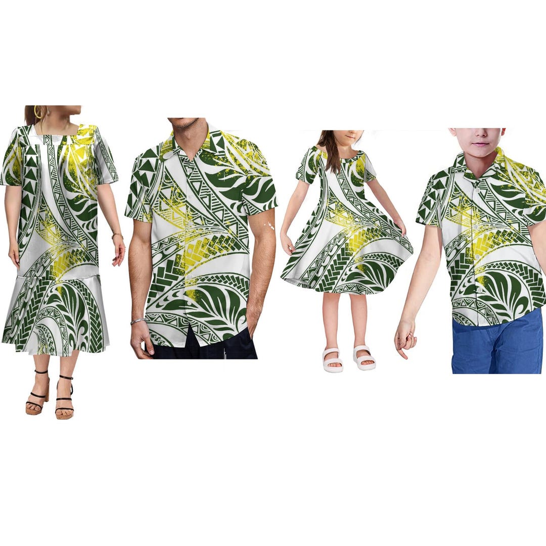2025 Samoa Tribal Polynesian Print 4pcs Set MUMU Dress Match Shirt ...