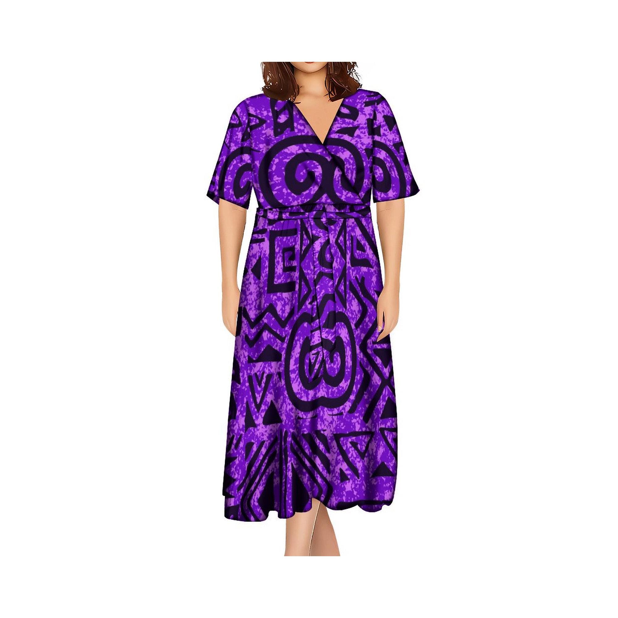 Custom Retro Style Polynesian Dress Tonga Tribal Print Belt Waist Lace ...