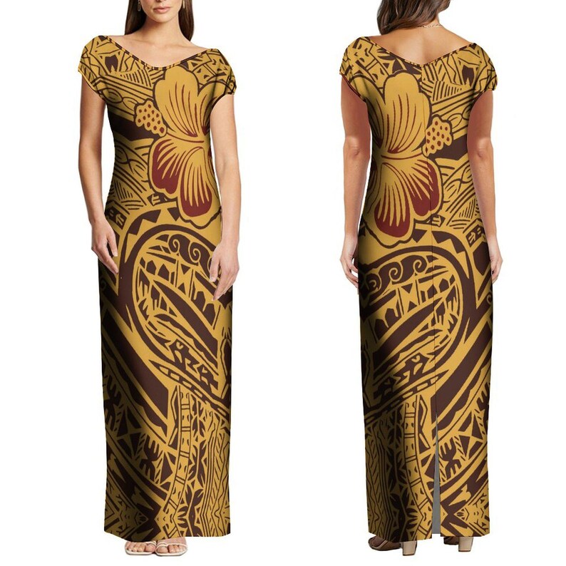 Polynesian Patterned Art Print New Design Women V-neck Elegant Long ...