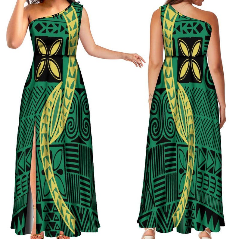 Polynesian Island Style Custom Temperament Women Off-the-shoulder Slit Dress Samoa Hawaii Party ...
