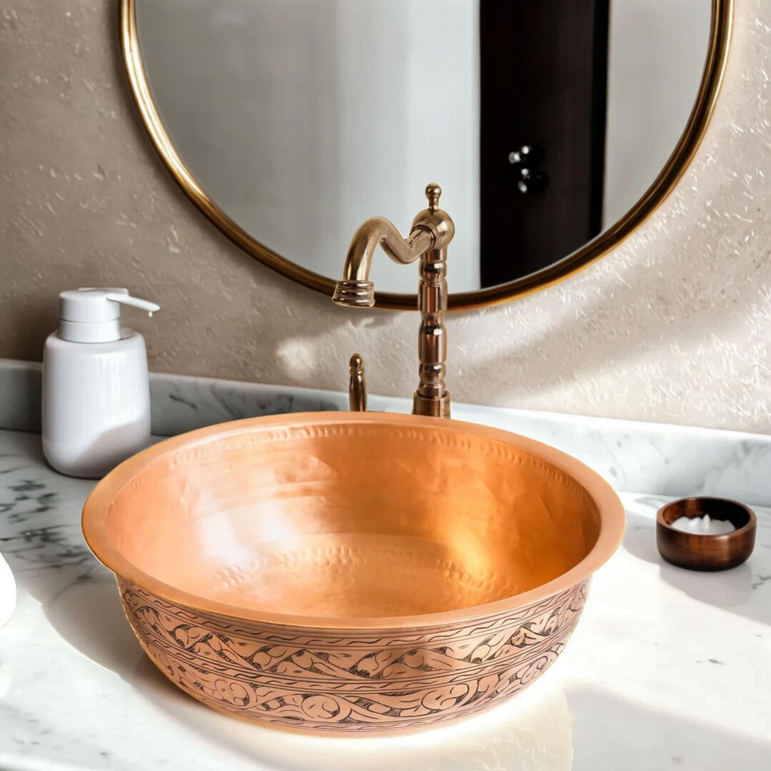Handmade Engraved Matte Copper Vessel Sink | Farmhouse Vanity Washbasin ...
