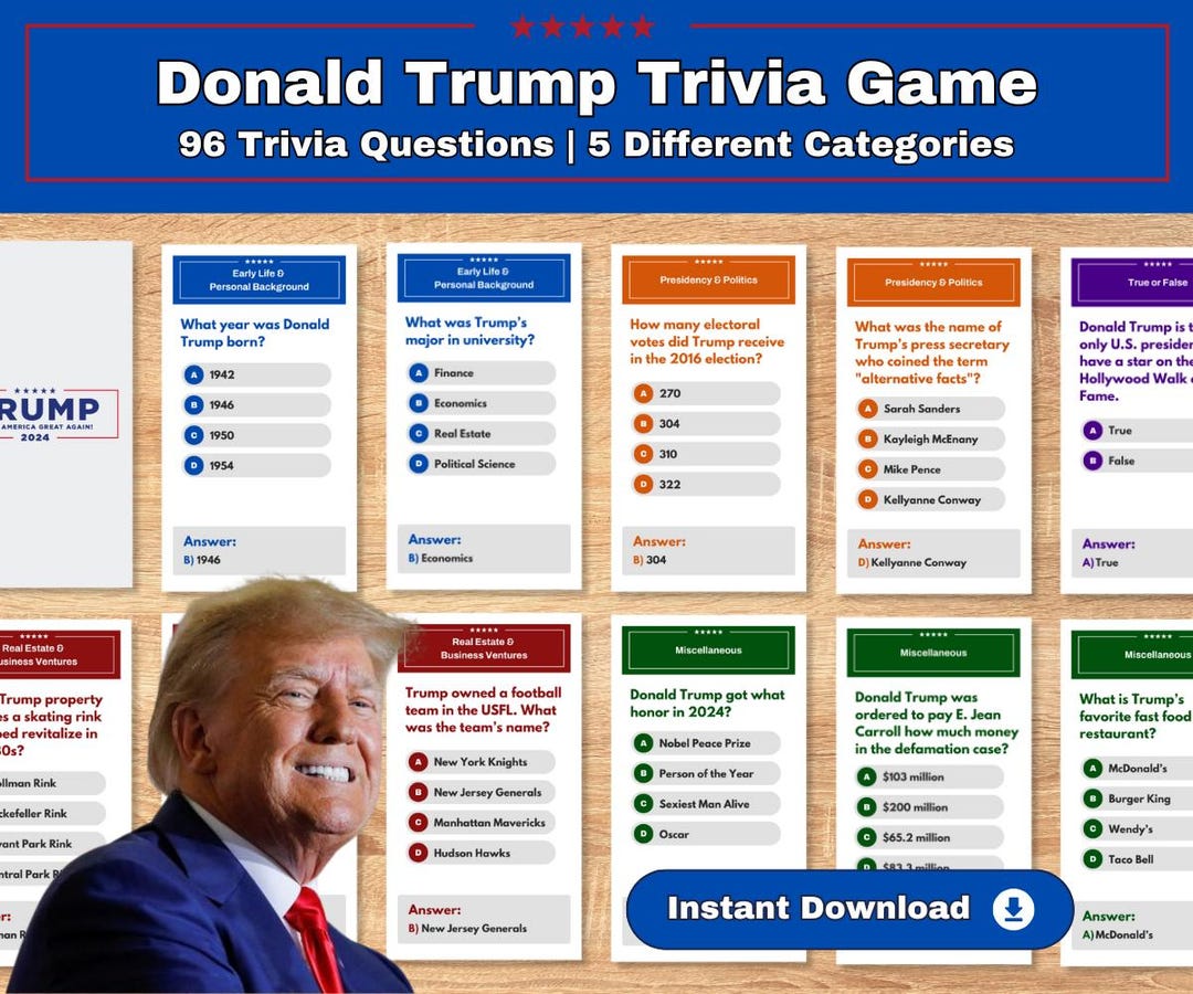 Donald Trump Trivia Game: 96 Questions (digital Download) - Etsy