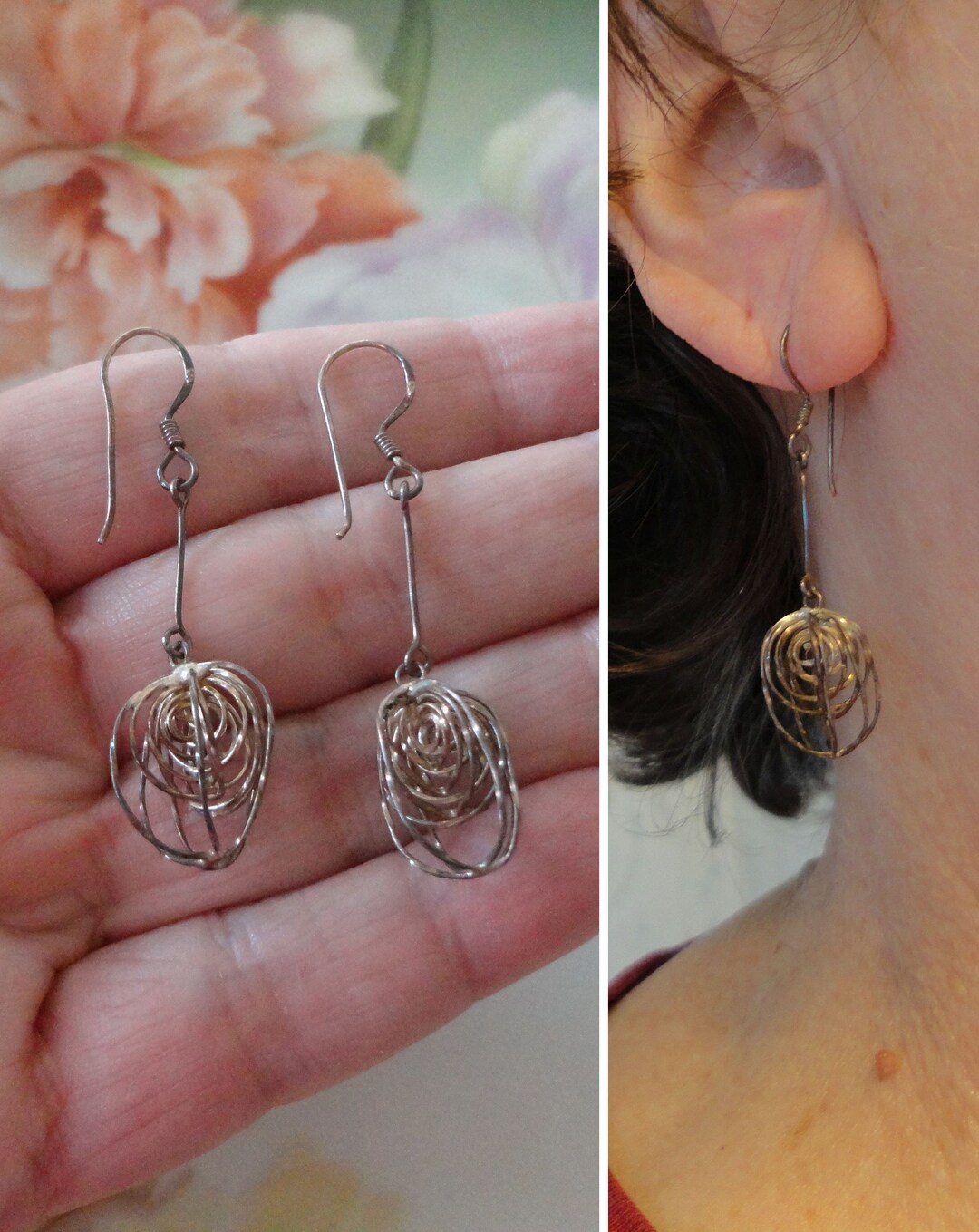 Vintage Artisan Sterling Silver Wire Work Pierced Earrings Caged ...
