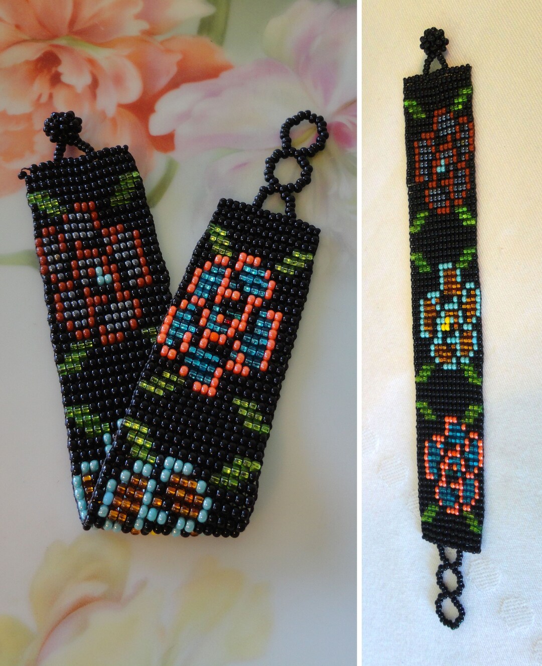 Vintage Seed Bead Strap Bracelet Lovely Floral Design Adjustable Size ...