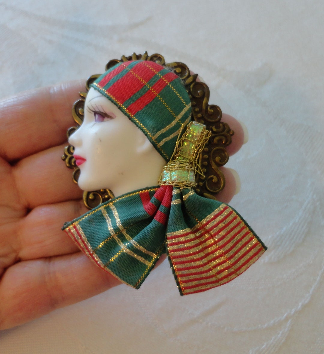 Vintage Artisan Fabric Embellished Lady Brooch Pin Plastic - Etsy
