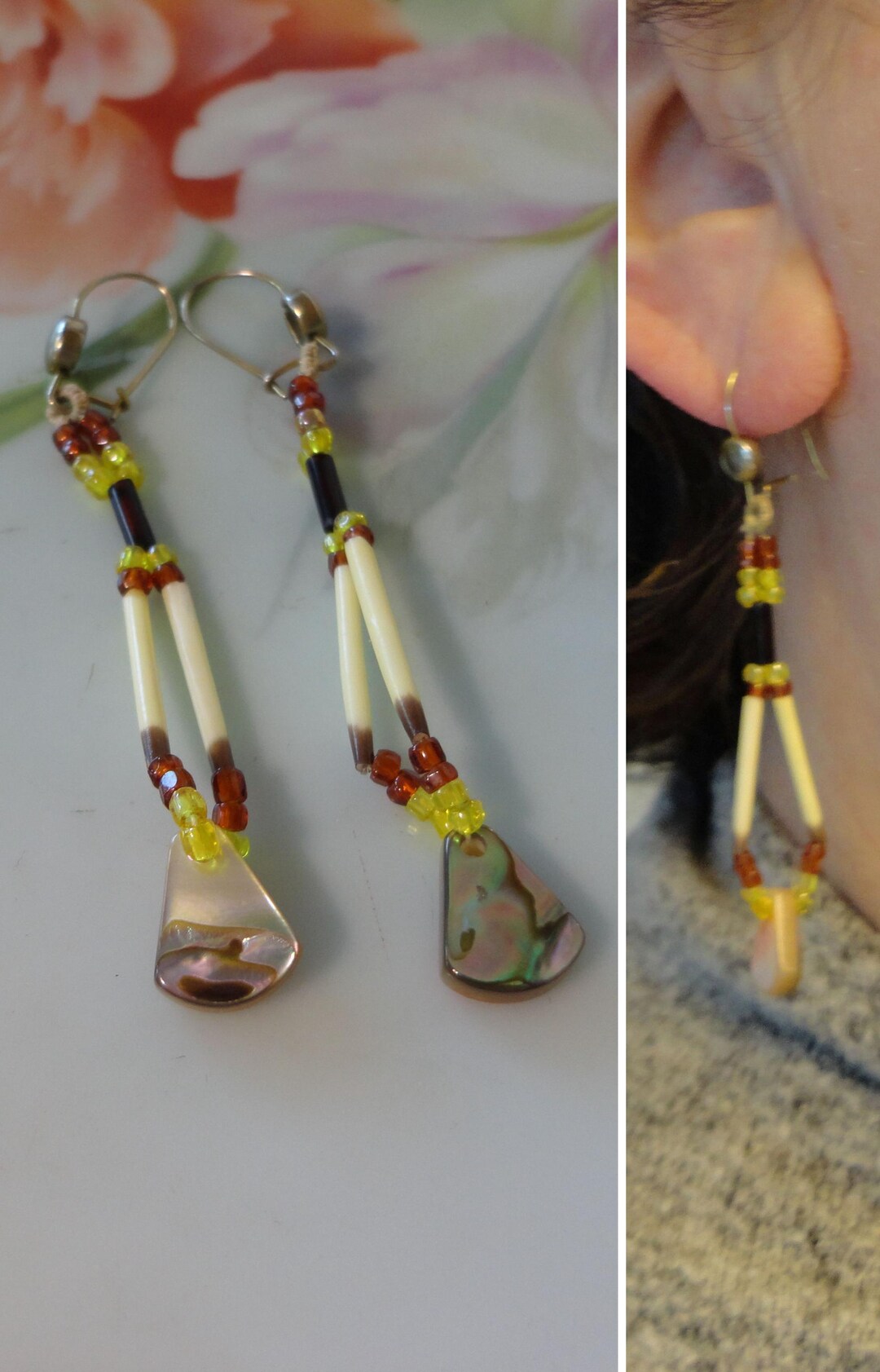 Vintage Native American Beadwork Porcupine Quill Beaded Dangle Earrings ...