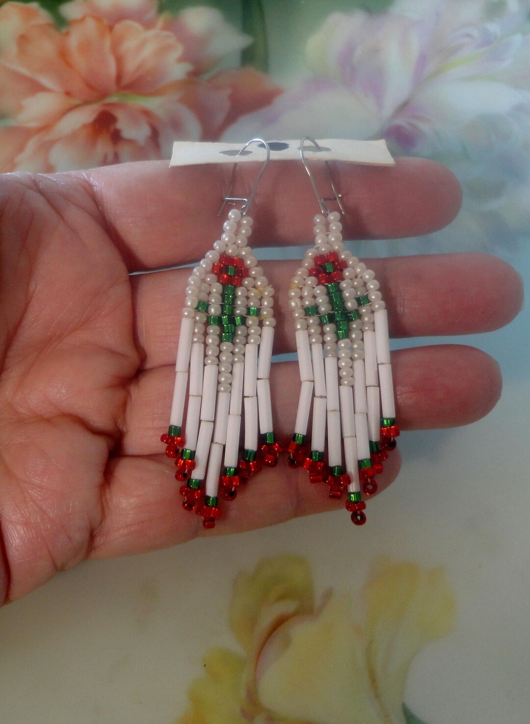NOS Vintage Native American Beadwork Earrings ROSE FLOWER New Old Stock ...