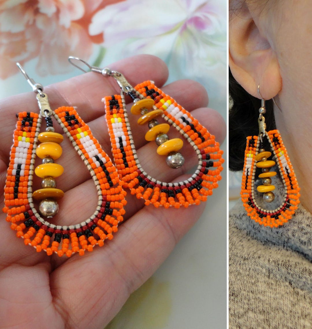 Vintage Southwestern Hoop Seed Bead Earrings Butterscotch Amber Disk ...