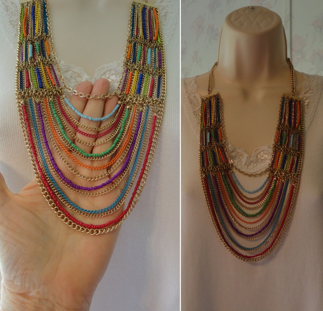 Multi Chains Swag Necklace Gold Chains-colored Chains-seed Beads Bright ...