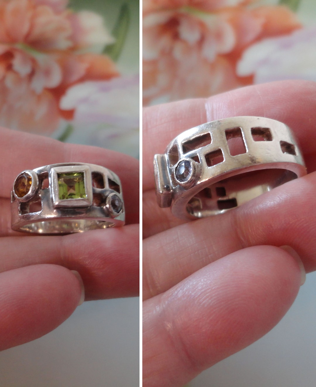 Vintage Artisan Sterling Silver Multi Gemstone Ring W/side Geometric ...