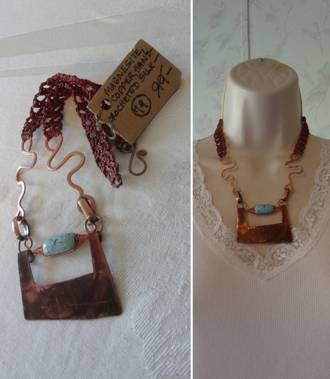 NOS Artisan Copper Gemstone Necklace HANDMADE One of a Kind Magnesite ...