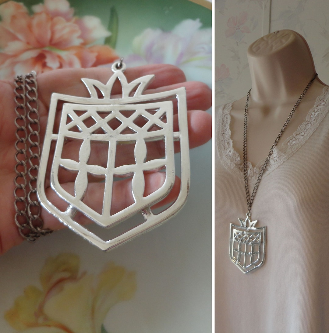 Vintage Bold Shield Heraldic Pendant Necklace Large Size Silver Plated ...