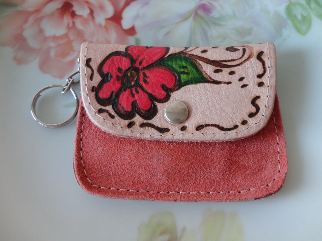 Vintage Hand Painted Leather Change Coin Purse Key Ring Keychain Nice ...