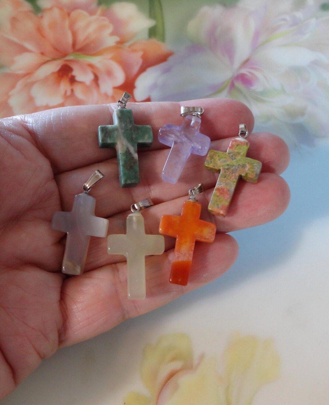 SIX Vintage Gemstone Crosses LOT of 6 Natural Gemstone Carved Cross Silver Tone Metal Bails - Etsy