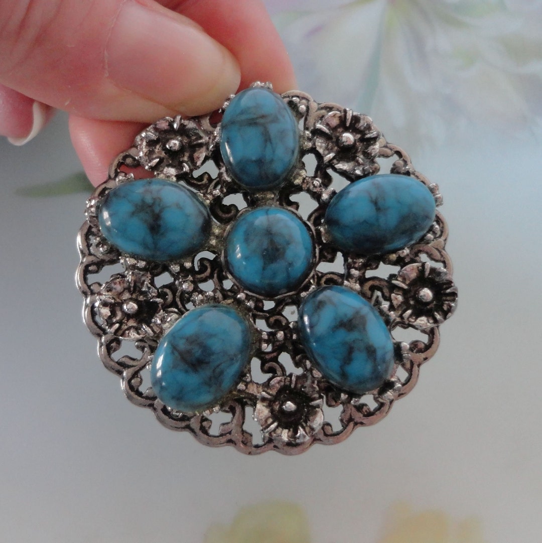 Vintage Faux Turquoise Brooch Pin 1970s Jewelry Heavy Silver Plated ...