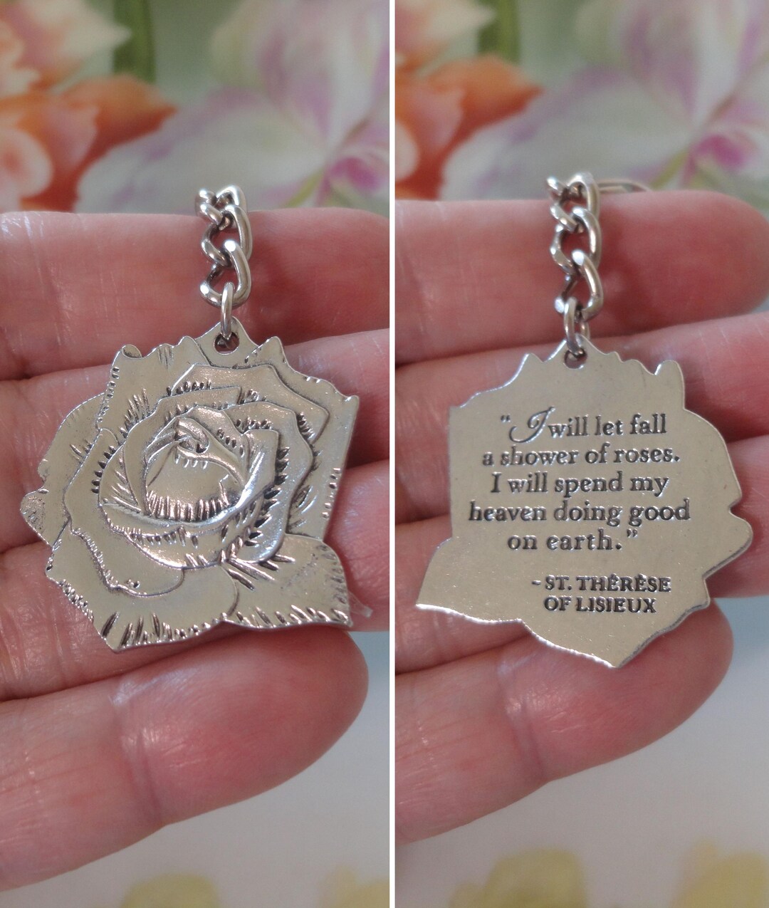 Vintage Saint Therese of Lisieux Rose Keychain Catholic Saint Key Ring ...
