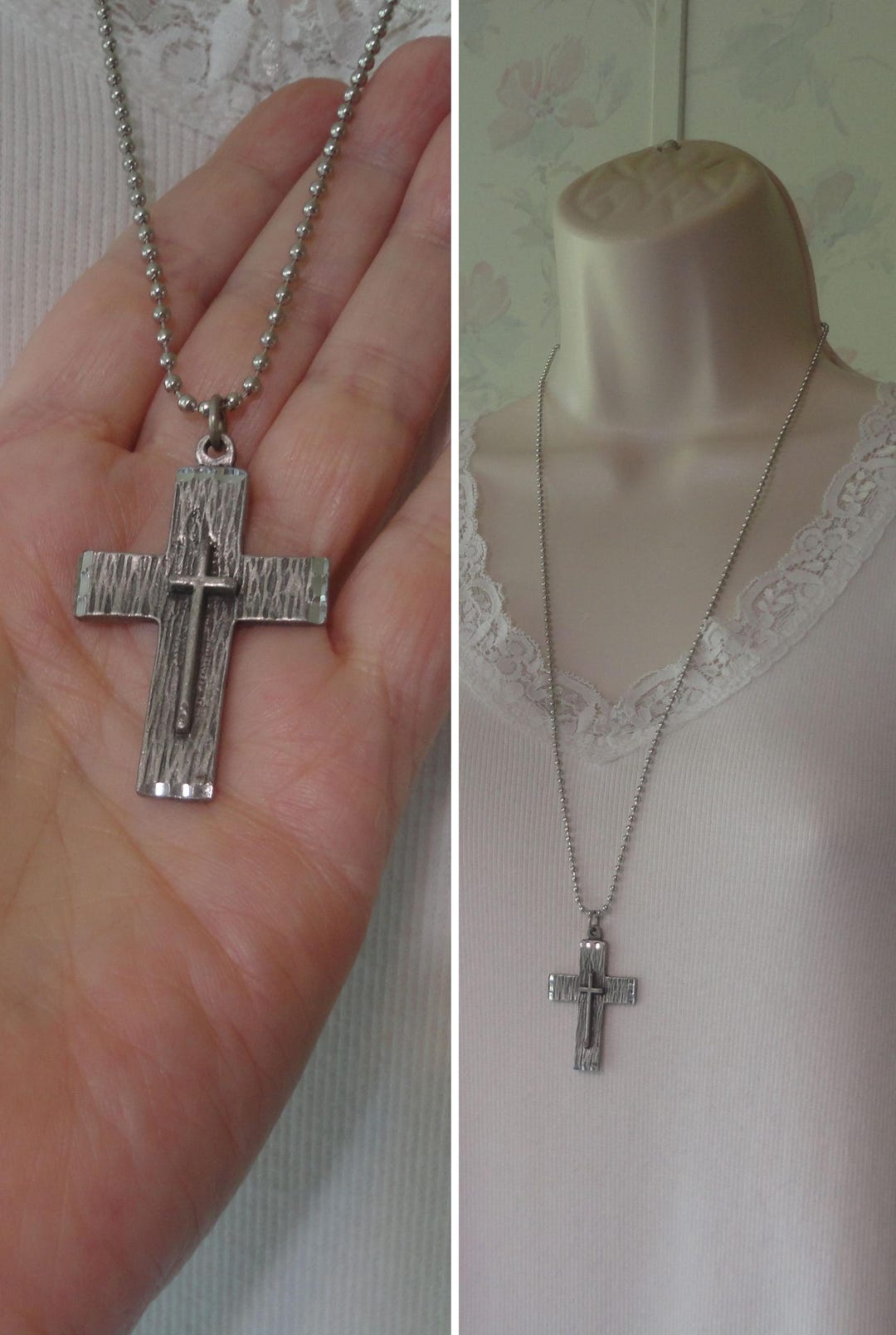 Vintage Pewter Cross Pendant Necklace Diamond Cut for Sparkle Textured ...