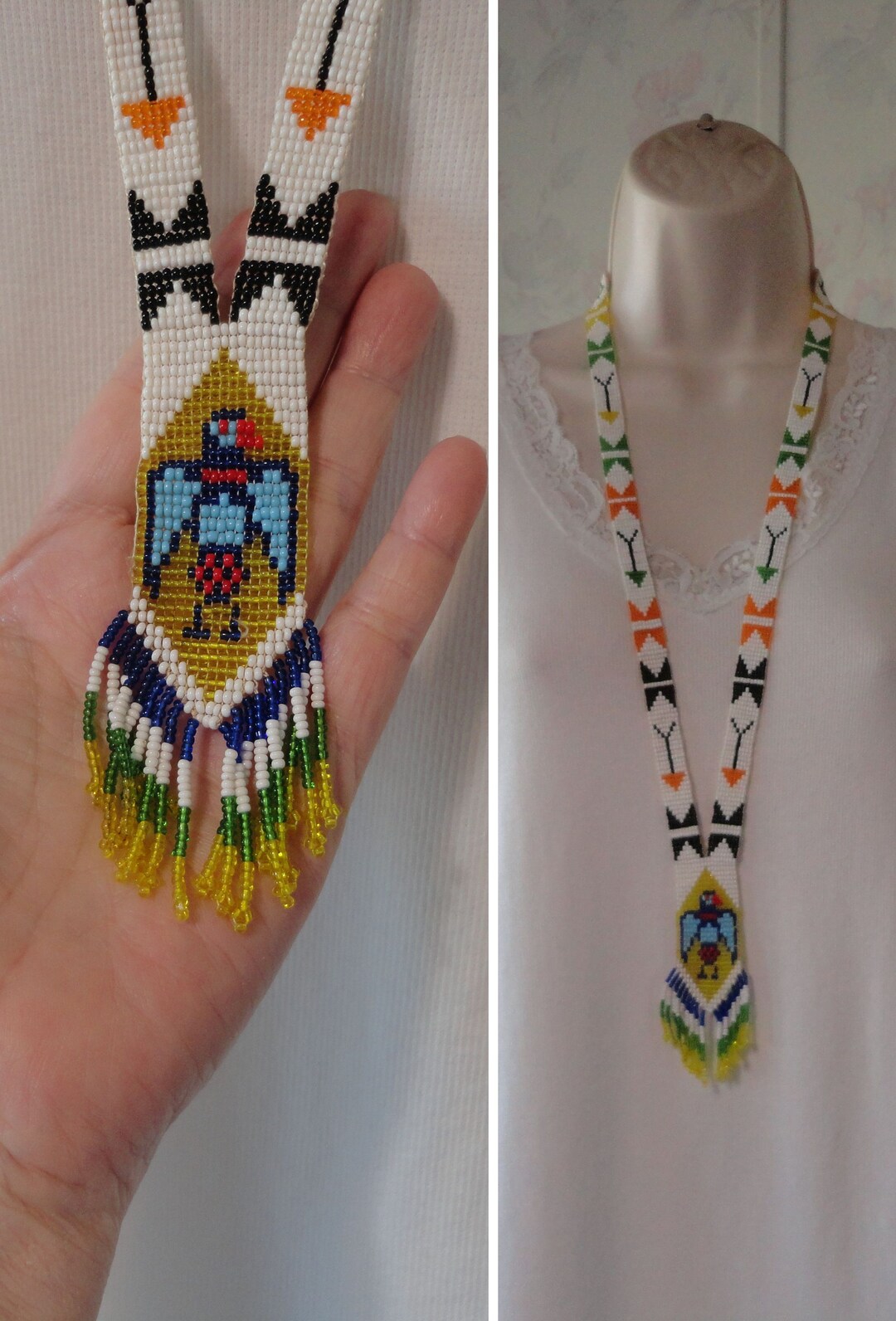 Vintage Native American Seed Bead Beadwork Thunderbird Sash Necklace ...