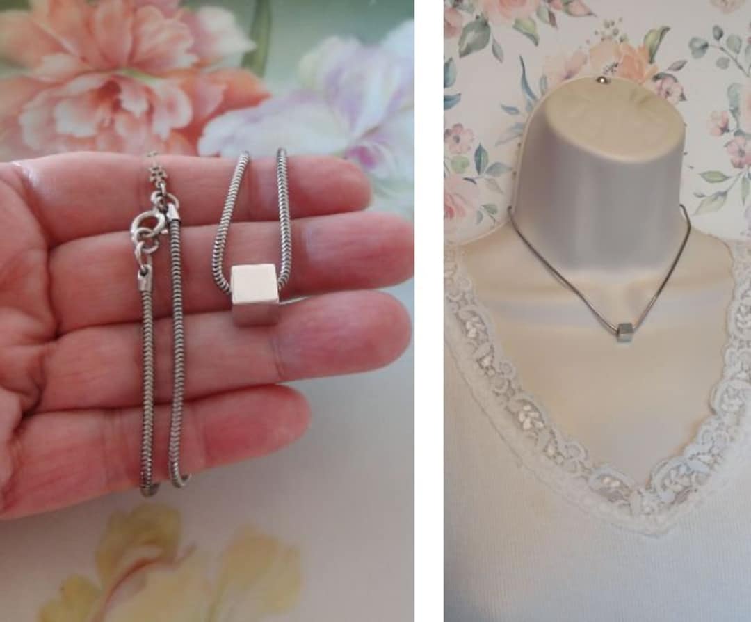 Vintage Crown Trifari Pendant Necklace Mod Cube Pendant on Silver Snake ...