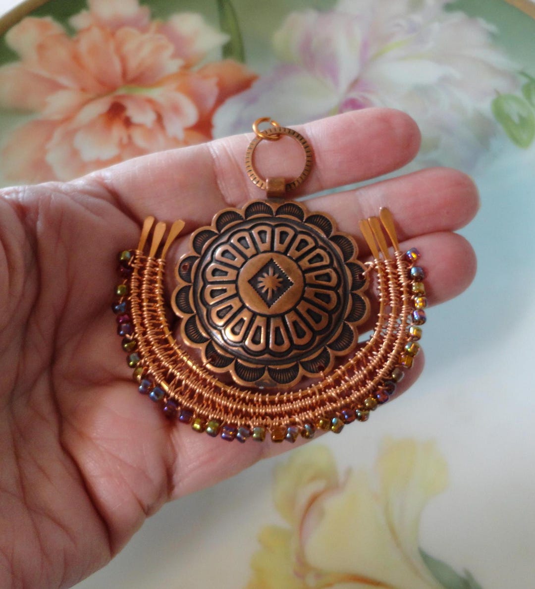 Vintage Copper Concho Pendant Artisan Embellished Southwestern Concho ...