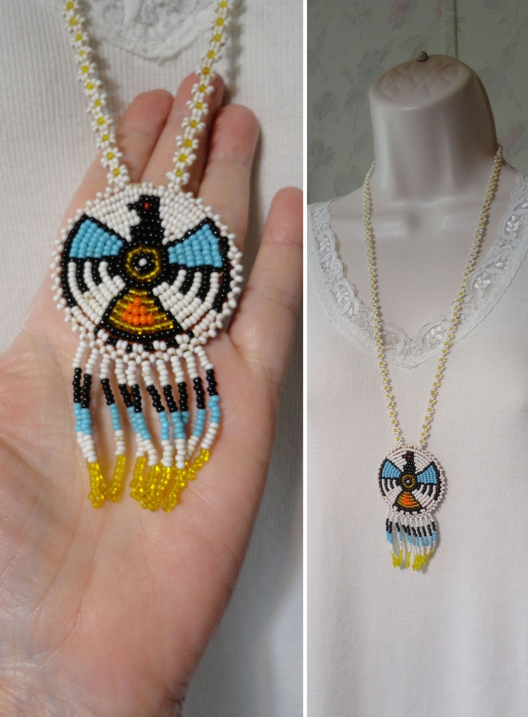 1950s Native American Style Beadwork Thunderbird Medallion Necklace ...
