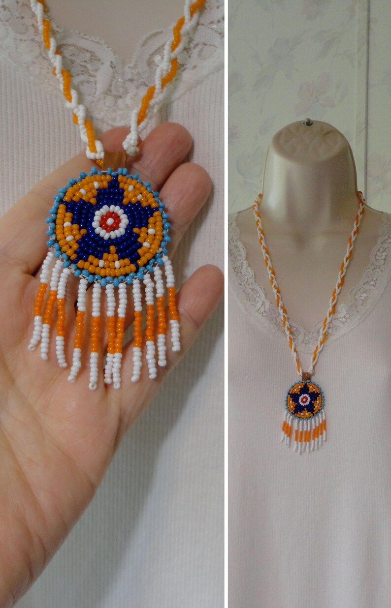 Vintage Native American Star Beadwork Seed Bead Rosette Medallion With ...