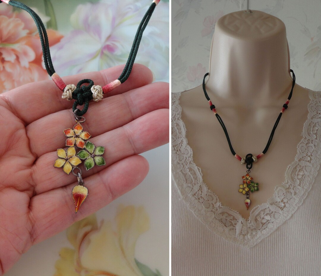 Vintage Chinese Woven Silk Thread Work Necklace Chinese Enamel Flower ...