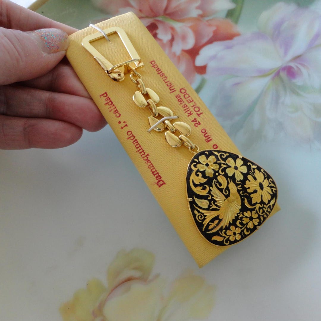NOS Vintage Spanish DAMASCENE Key Ring Keychain 24k GP Renaissance ...