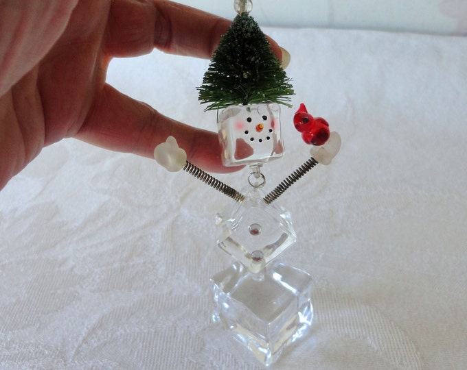 Vintage Clear Acrylic Ice Cube Snowman Dangle Christmas Ornament ...