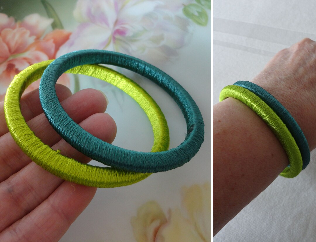 2 Vintage Thread Wrapped Bangle Bracelets Teal & Lime Green Silk Thread ...