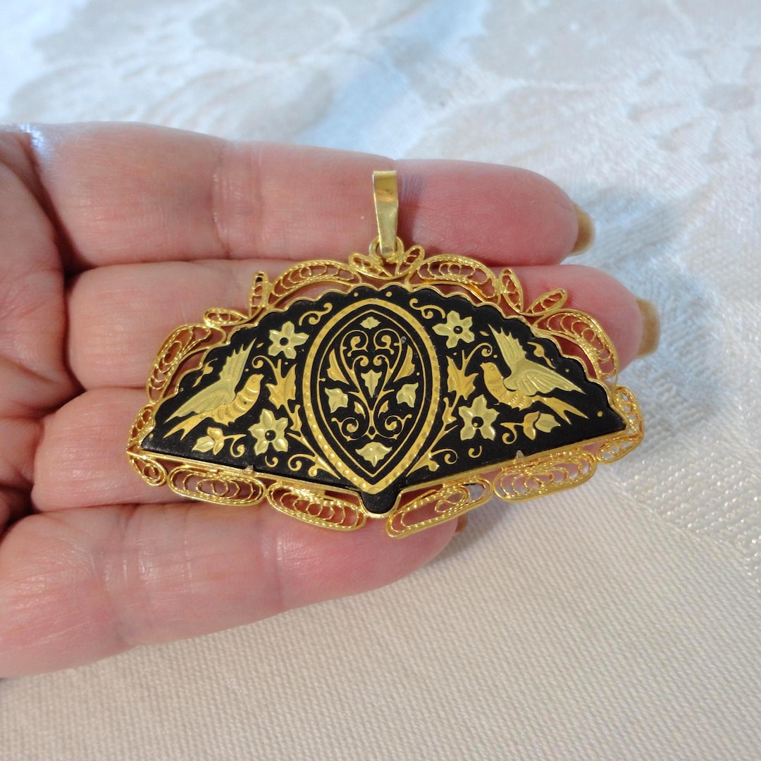 Vintage Damascene Pendant Toledo Spain 24k GP Renaissance Birds ...