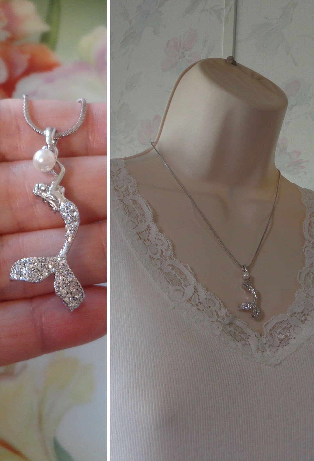 NOS Mermaid Crystal & Faux Pearl Pendant Necklace NEW Old Stock Shiny ...