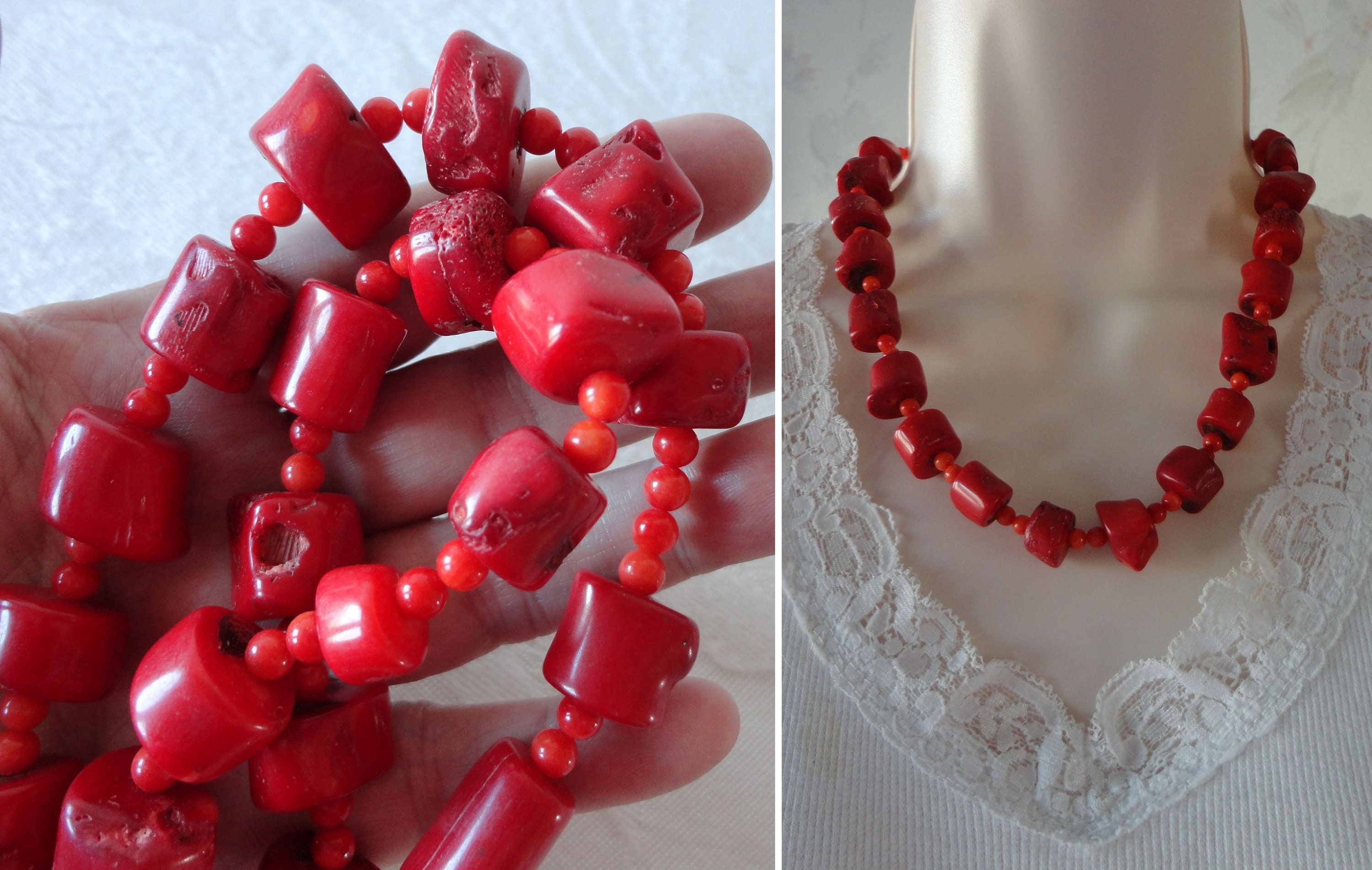 Vintage Chunky Red Coral Necklace Large Red Coral Barrel Bead Etsy