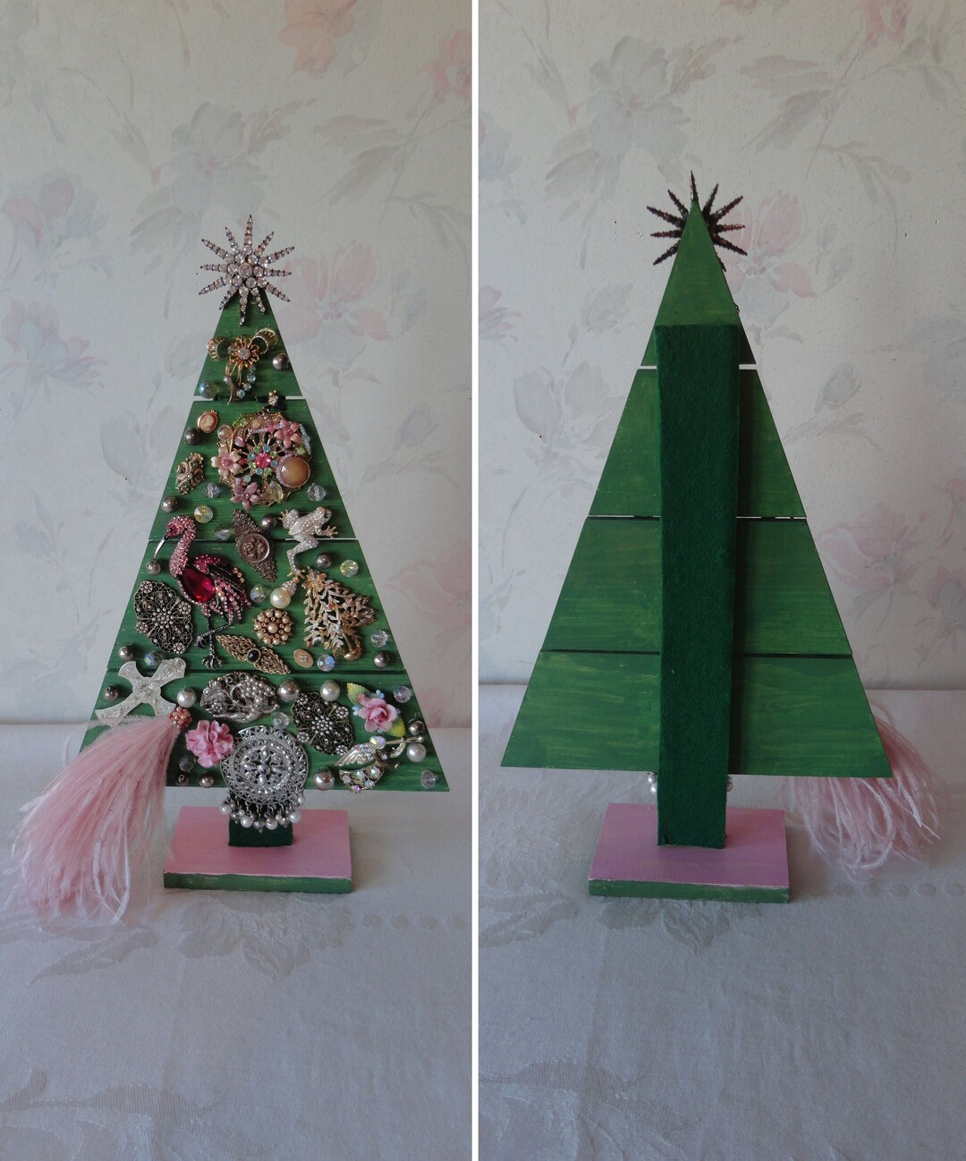 Vintage Handmade Jewelry Tree Art Jeweled Green Wooden Christmas Tree ...