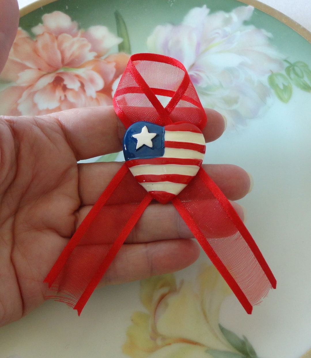 Vintage Patriotic Tack Tac Pin Heart Shaped American Flag Design Sheer ...