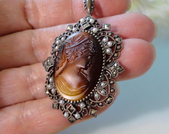 Vintage Cameo Sterling Silver-root Beer Glass-marcasite & Seed Pearls ...