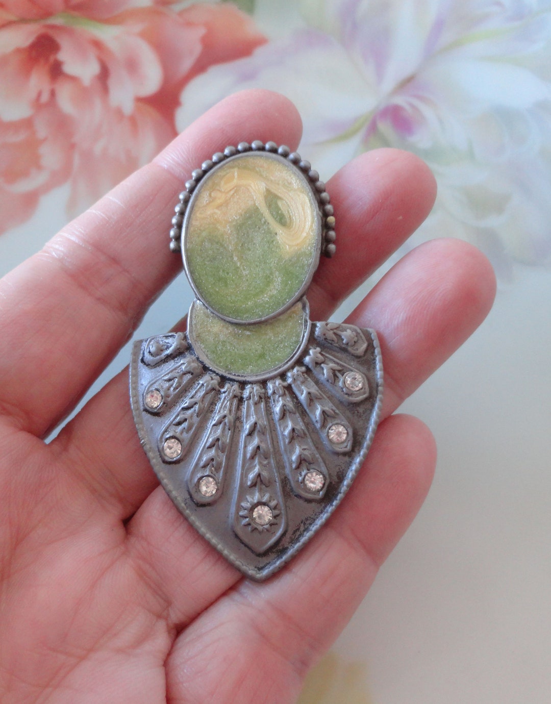 Vintage Brooch Pin Artisan Stylized Female Form Glitter Epoxy Pewter ...