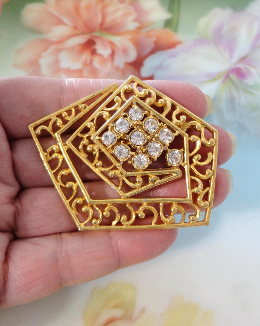 Vintage Crystal Brooch Pin Abstract Geometric Open Design Gold Plated ...