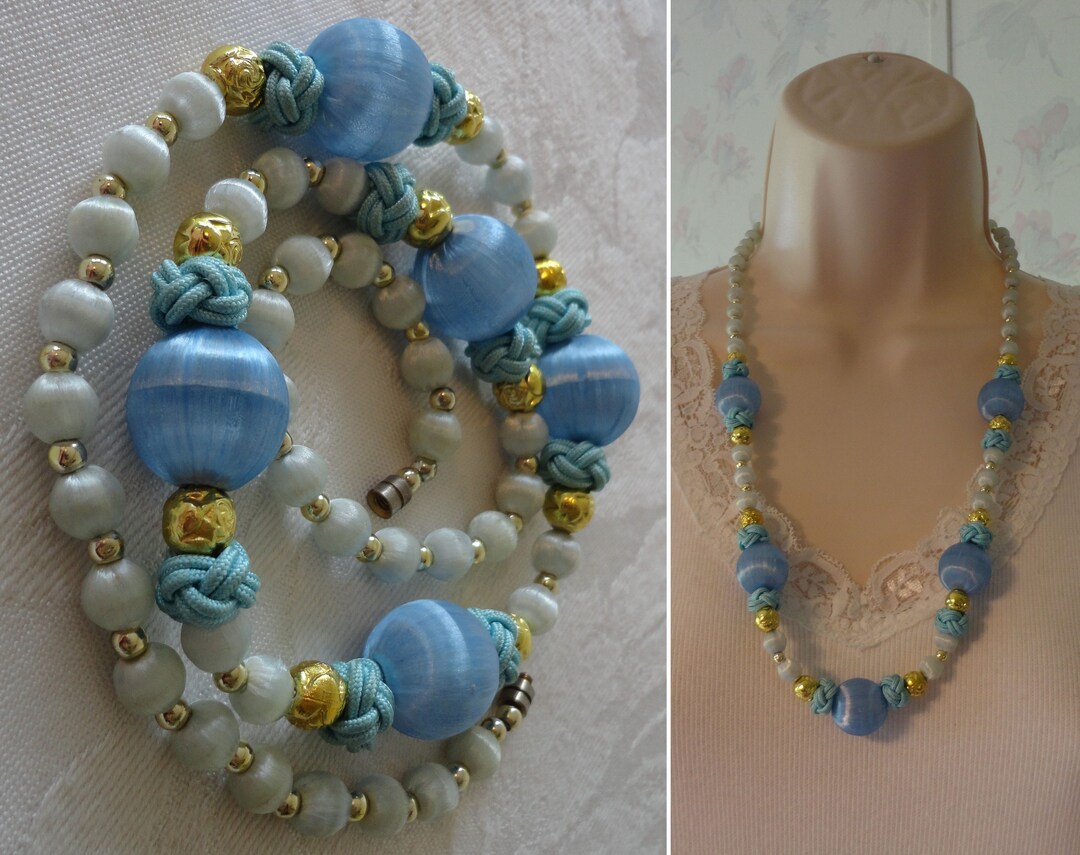 Vintage Silk/satin Thread Wrapped Spun Silk Bead Necklace Blues With ...