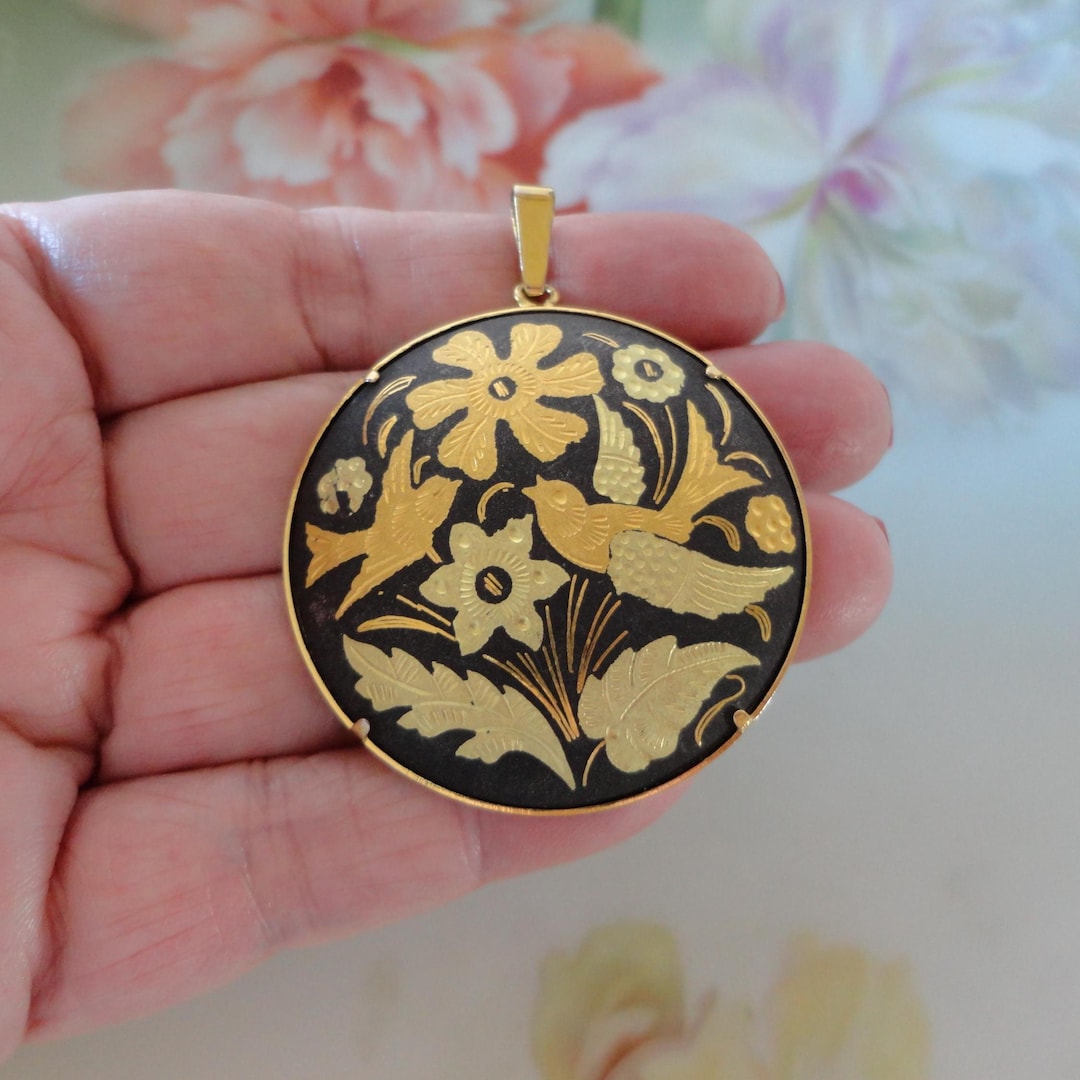 Vintage Spanish Damascene Pendant 24k GP Gold Plated Renaissance Motif ...