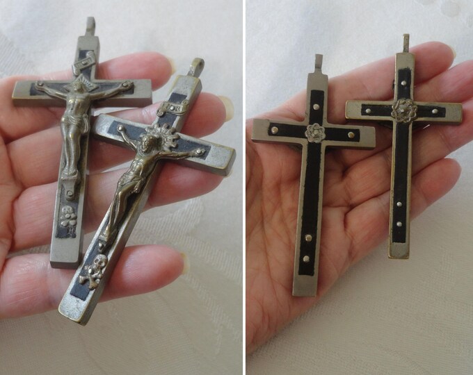 TWO Antique Nuns Crucifix Skull Crossbones Handmade Ebony Wood Inlay ...