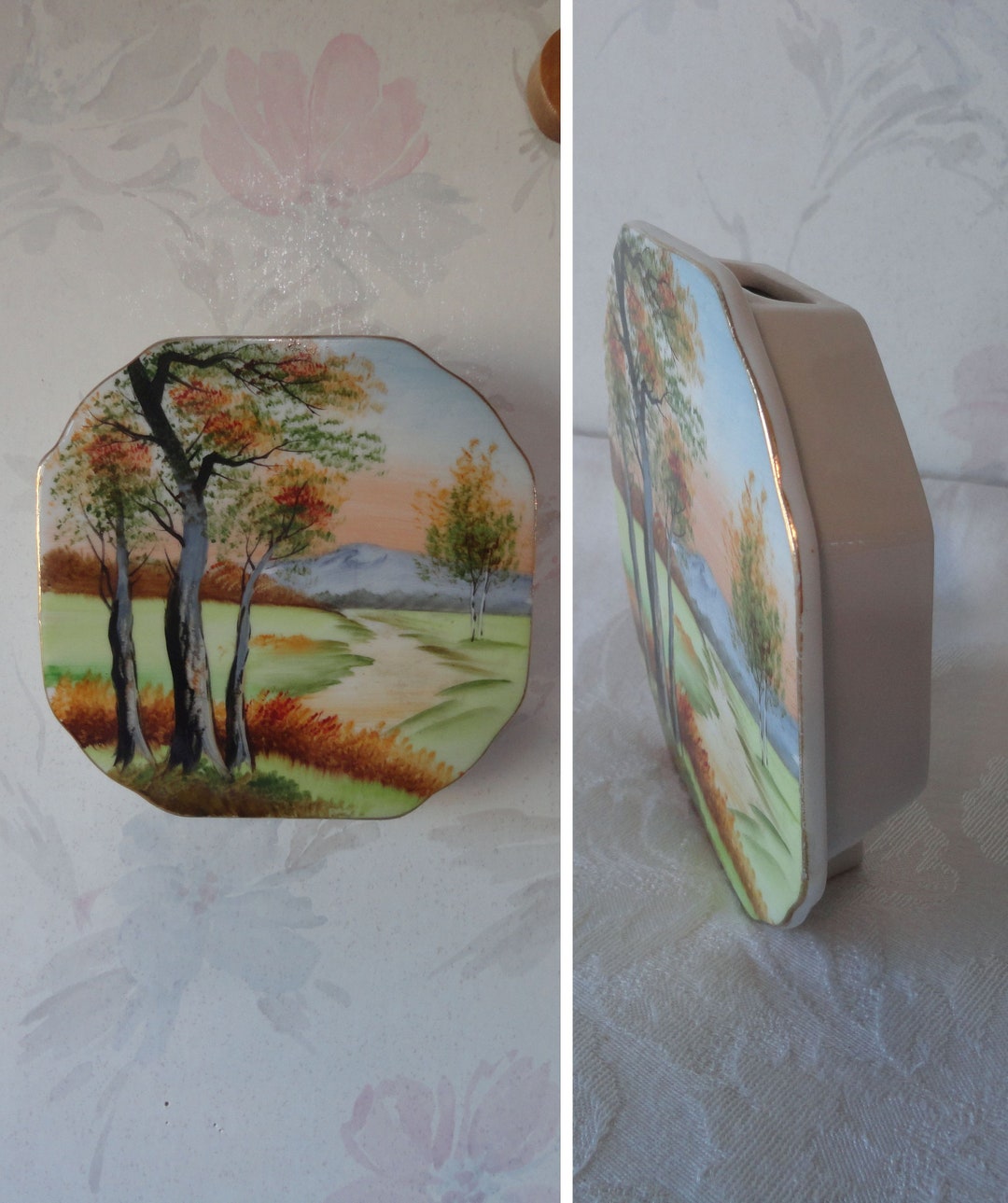 Vintage Japan Kasuga Ware Hand Painted Wall Pocket Vase STAND or HANG ...