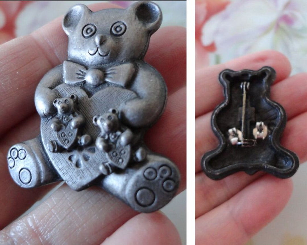 Vintage Teddy Bear SET Pewter Brooch Pin & Matching Pair of Teddy Bear ...